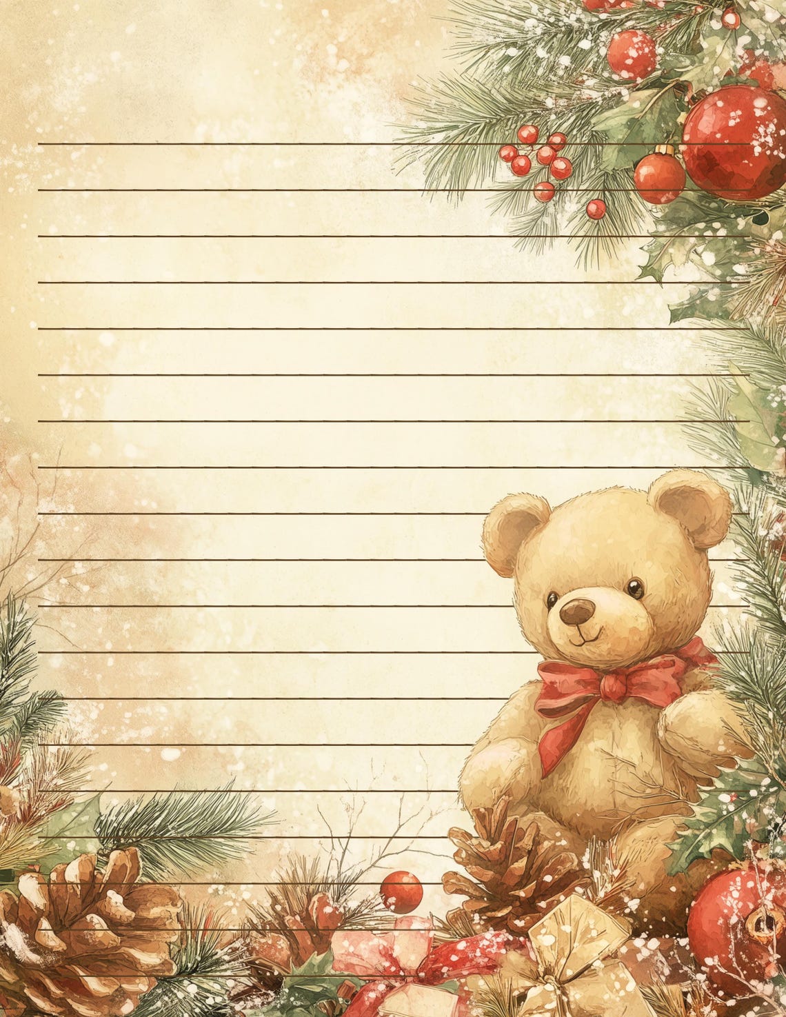 Old Time Christmas Teddy Lined and Unlined Writing Paper to Download ...