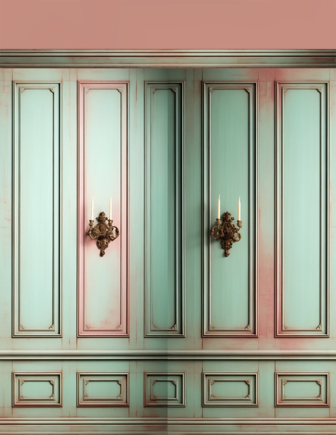 Dollhouse Wallpaper, Verdigris Wooden Panels With Sconces, Alcove, and ...