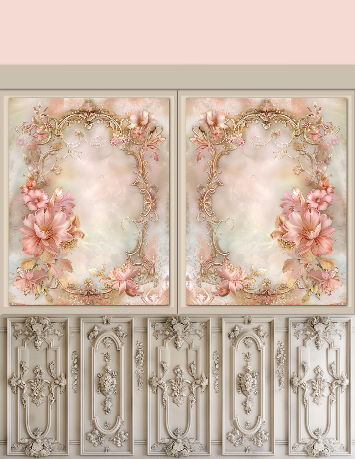 Dollhouse Wallpaper, Blue Floral Painted Decorative Panels--jpg Files ...