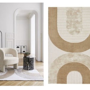 Luxurious Abstract Cream & Gold Hand-tufted Wool Rug in Multiple Sizes ...