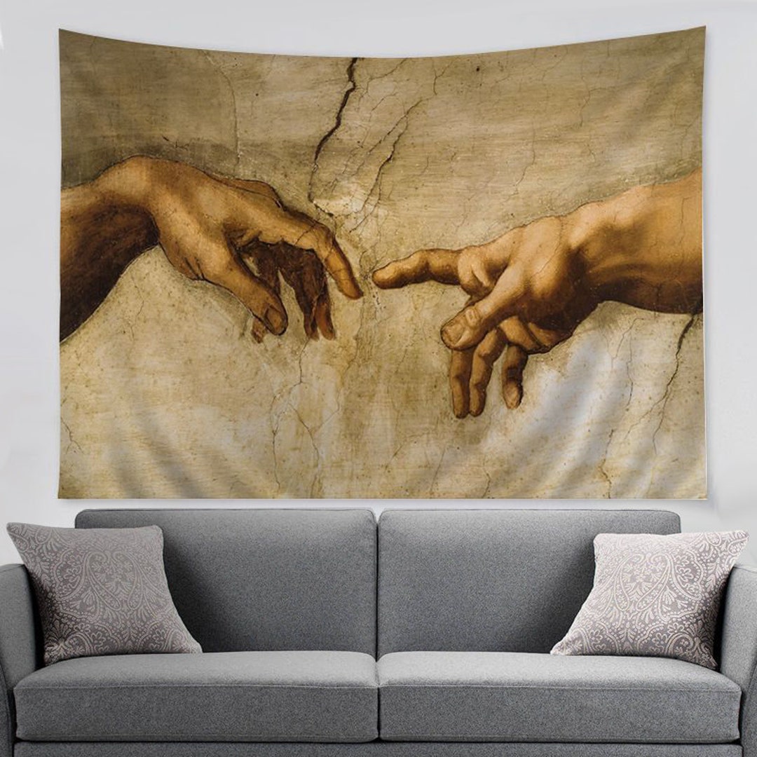 Michelangelo Art Tapestry the Creation of Adam, Hand of God, Classical ...