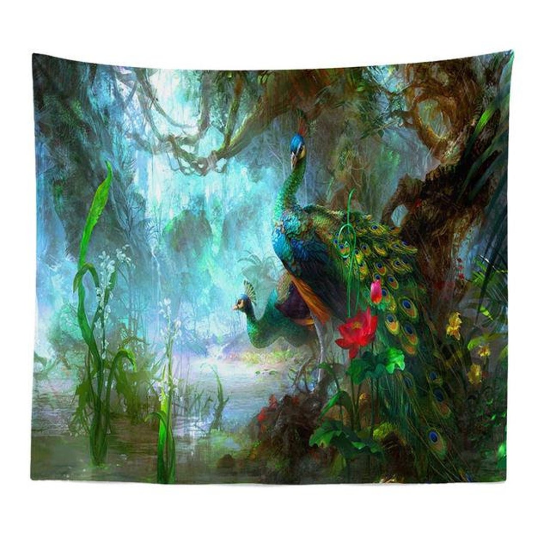 Peacock Tapestry Wall Hanging Nature Green Forest Birds Wall Art ...