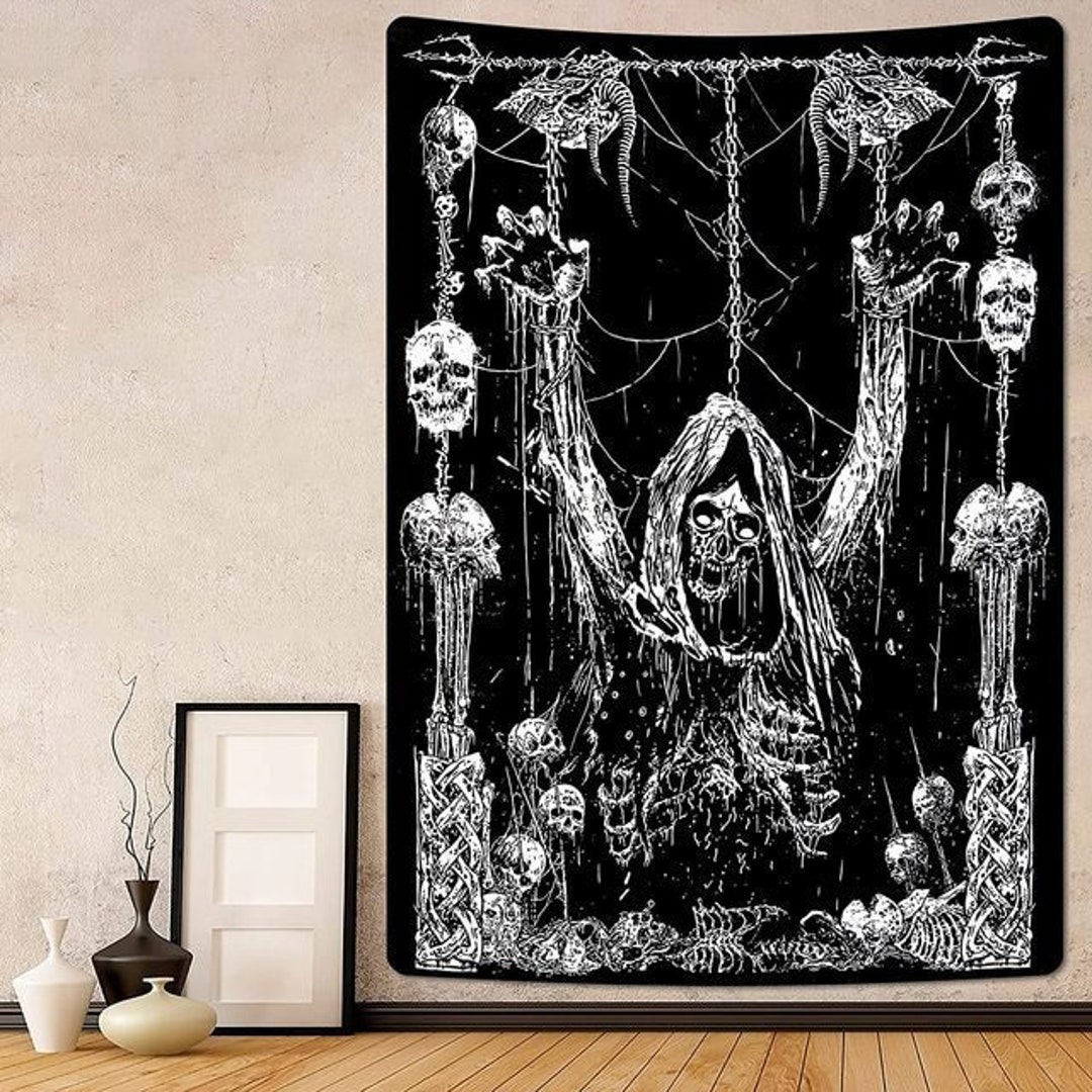Gothic Tapestry Wall Art Skull Wall Tapestry Black and White Skeleton ...