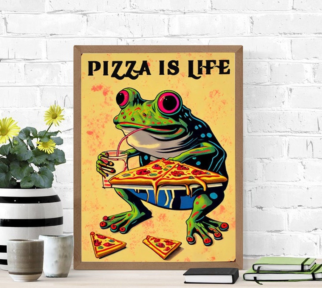 Frog Poster Wall Art, Frog Eating Pizza Art Canvas Poster Print, Pizza ...