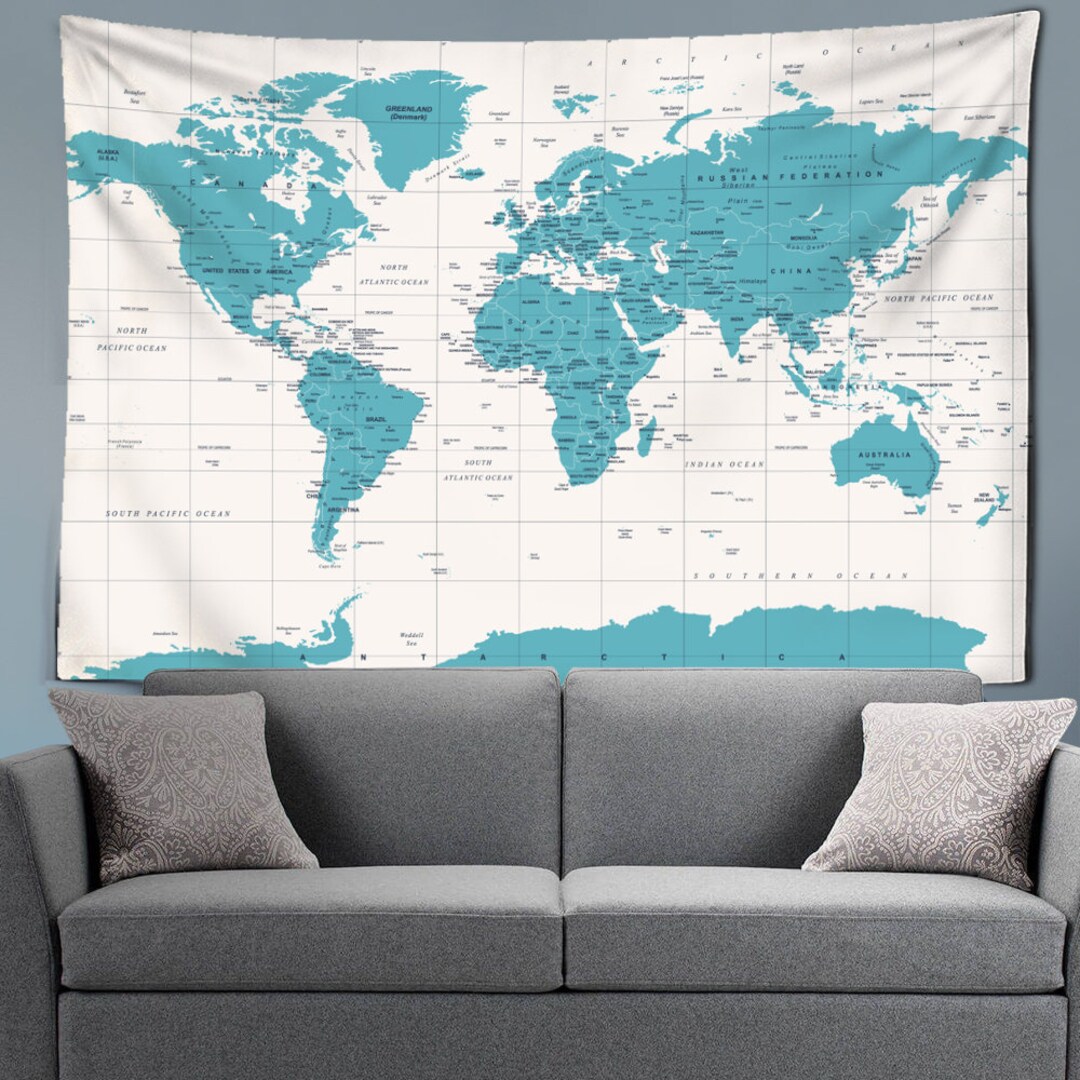 World Map Tapestry Blue Wall Decor Map Wall Hanging Wall Decor ...