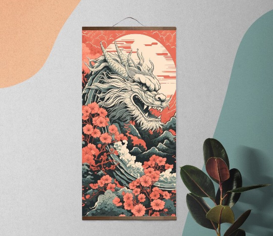 Japanese Style Dragon Wall Scroll, Floral Decor, Serene Sun Artwork ...