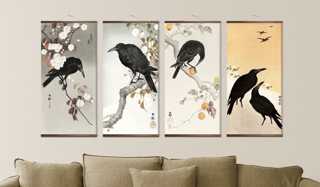 Audubon Raven and Crow Print Set, Japanese Scroll Art, Raven Prints ...