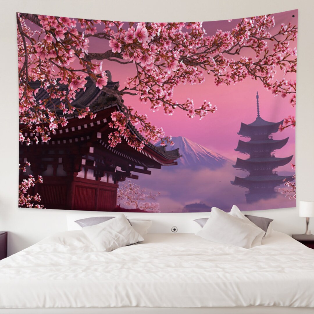 Japanese Tapestry Wall Hanging Mount Fuji Cherry Blossom Sakura ...