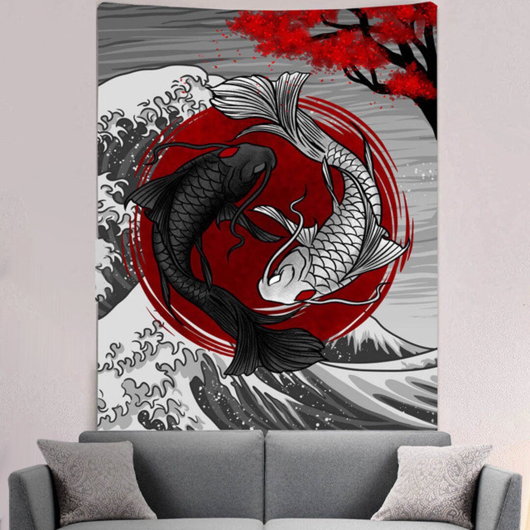 Japanese Tapestry Koi Fish the Great Wave Wall Tapestry Mount Fuji ...