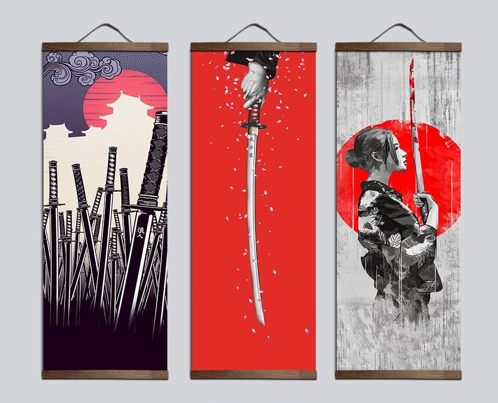 Samurai Poster with Wooden Frame Canvas Scroll Poster Print | Etsy