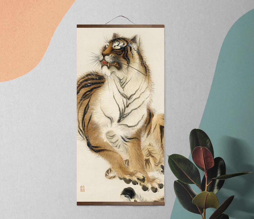 Tiger Japanese Scroll Painting, Sitting Tiger Canvas Poster - Kishi ...