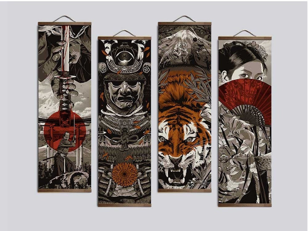 Samurai Poster Print with Wooden Frame Canvas Scroll Poster Japan Wall ...