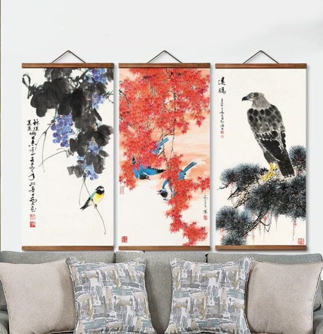 Asian Scroll Wall Art, Birds Eagle Traditional Oriental Ink Painting ...