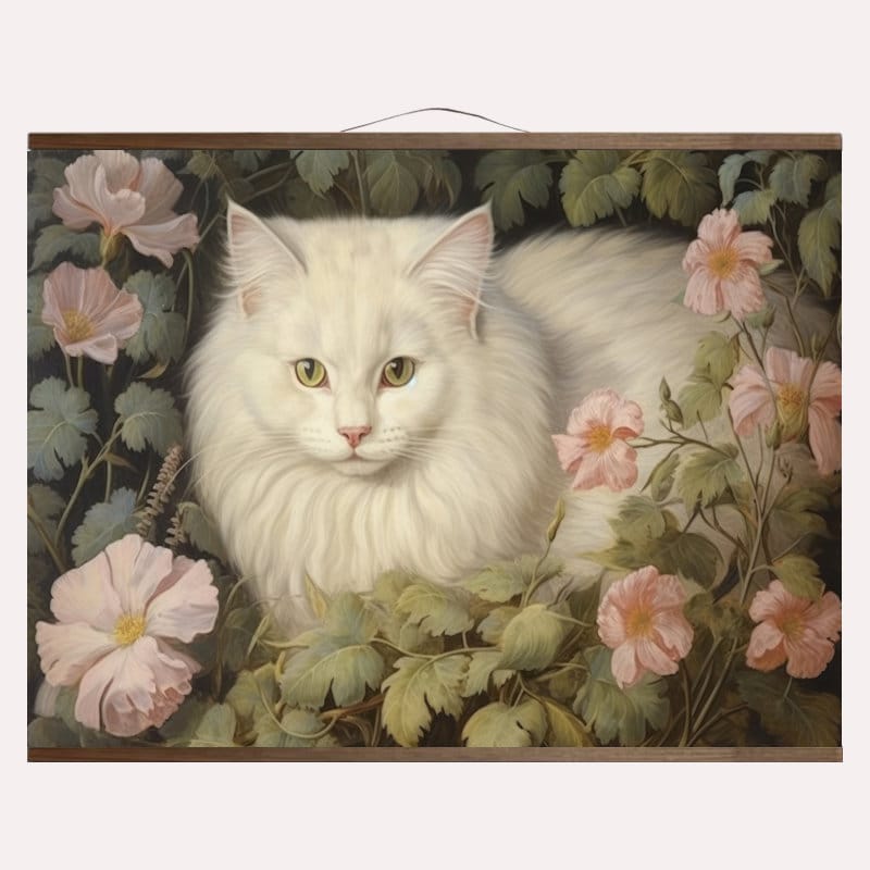 Décoration murale chat, affiche en toile chat blanc parmi des fleurs ...