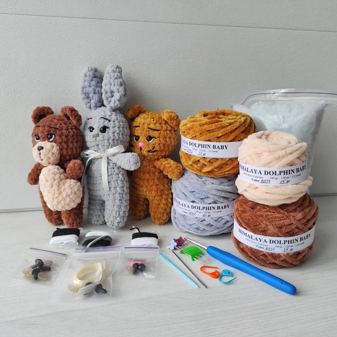 Crochet Kit BEAR, CAT, BUNNY- Amigurumi Kit for Beginner With Yarn ...