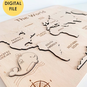 World Map Puzzle SVG, Laser Cut File for Kids Learning, Montessori ...