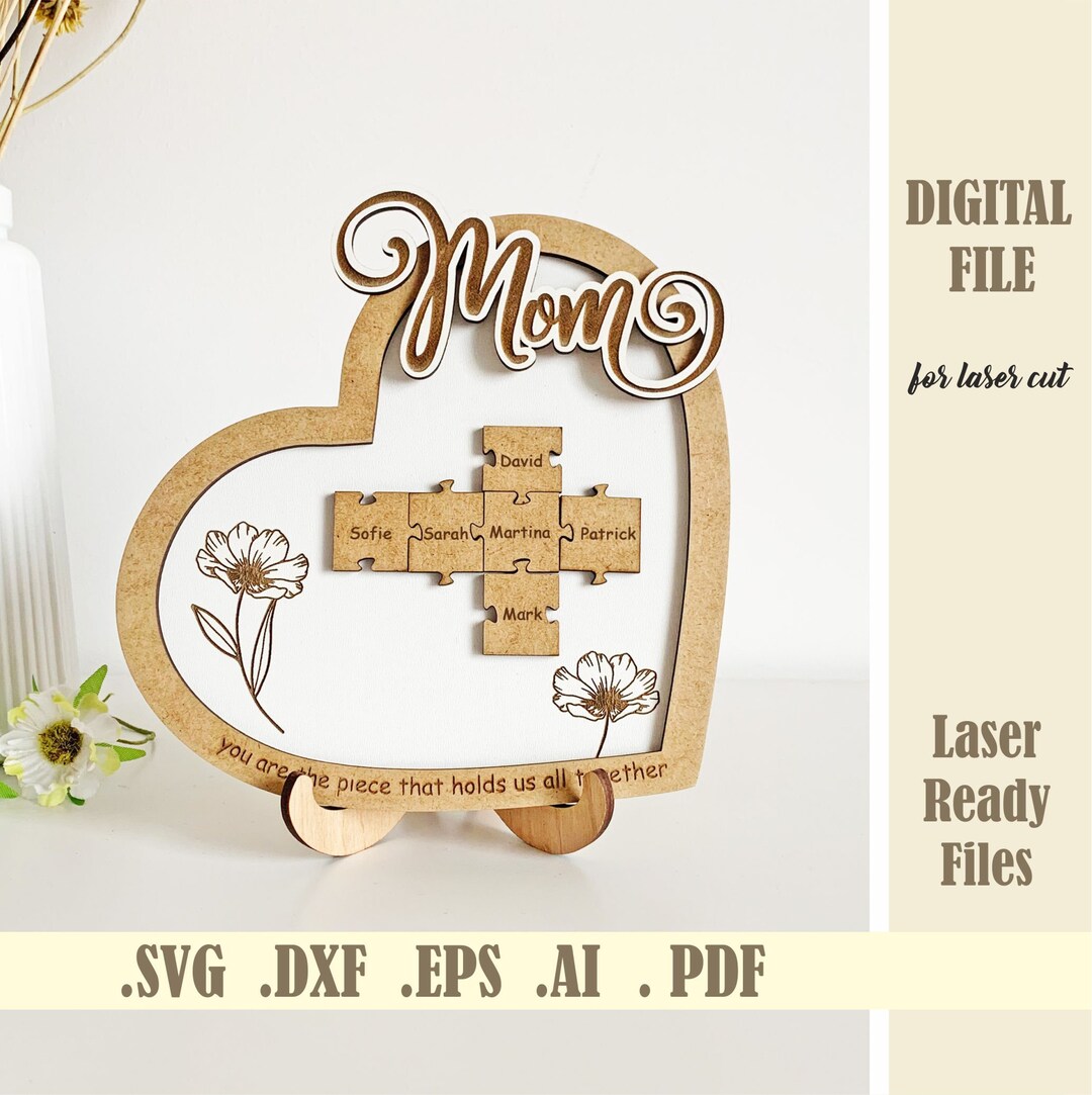 Mom Heart Shaped Puzzle Sign SVG, Mother's Day Puzzle Laser Cut File ...