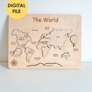 World Map Puzzle SVG, Laser Cut File for Kids Learning, Montessori ...