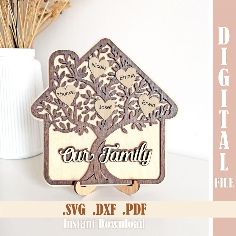 Family Tree House SVG, Laser Cut Our Family Name Sign With Hearts, Home ...
