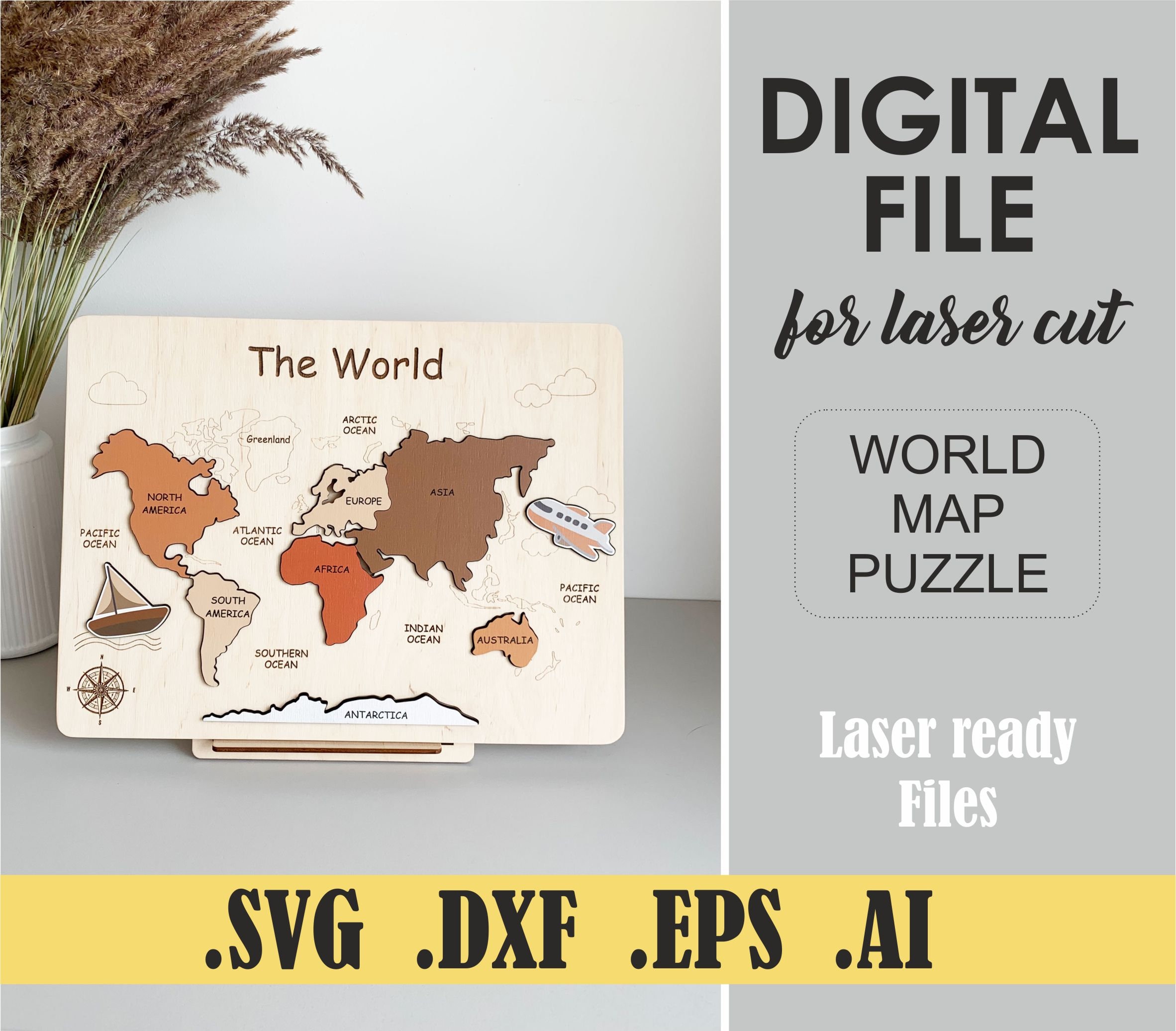 World Map Puzzle Laser Cut File SVG DXF DWG Ai Digital Cut - Etsy Israel