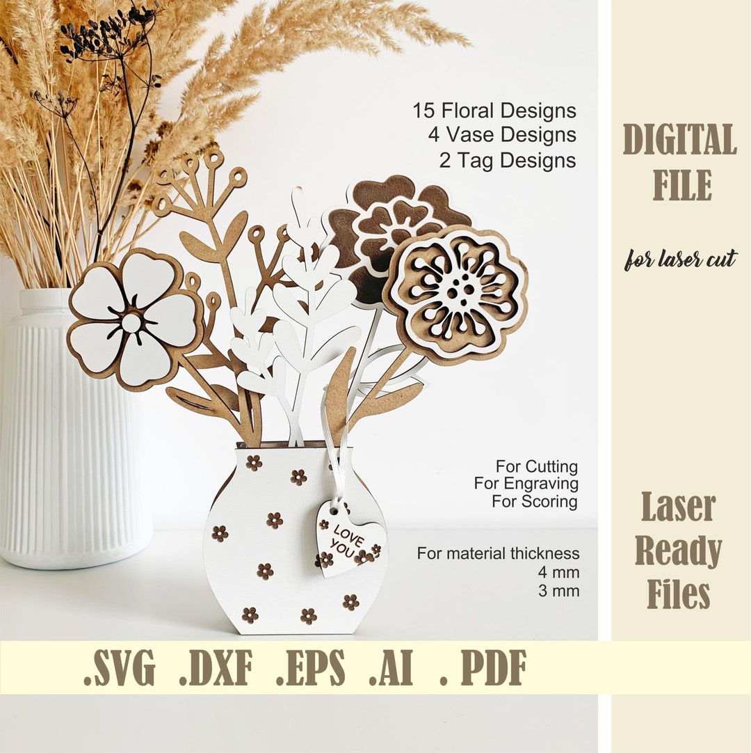 Wildflowers and Vases SVG Bundle, Wood Vase Laser Cut Files, Wild ...