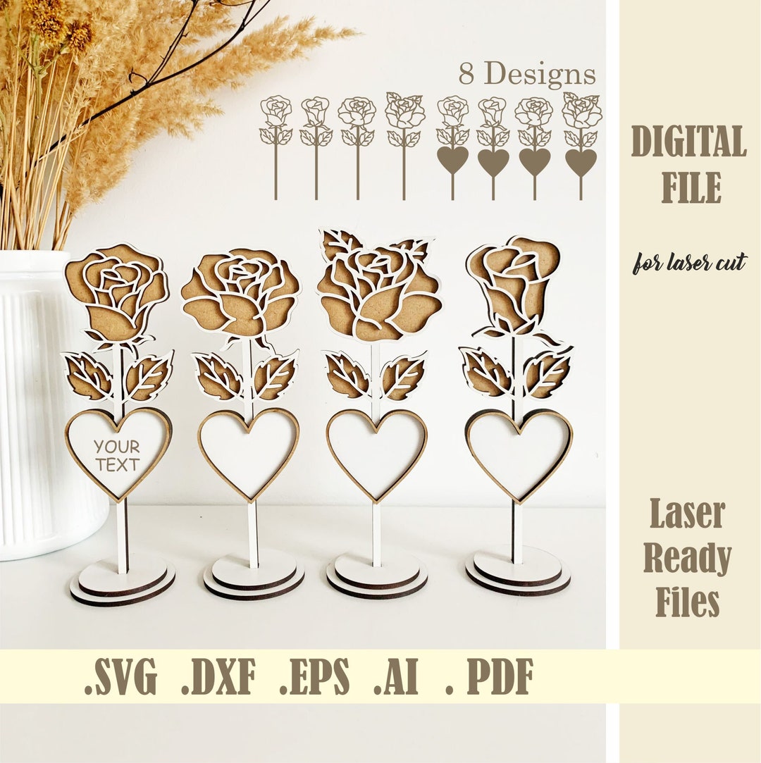 SVG Standing Rose Laser Cut File, Layered Heart Rose With Stand ...
