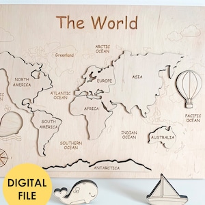 World Map Puzzle SVG, Laser Cut File for Kids Learning, Montessori ...