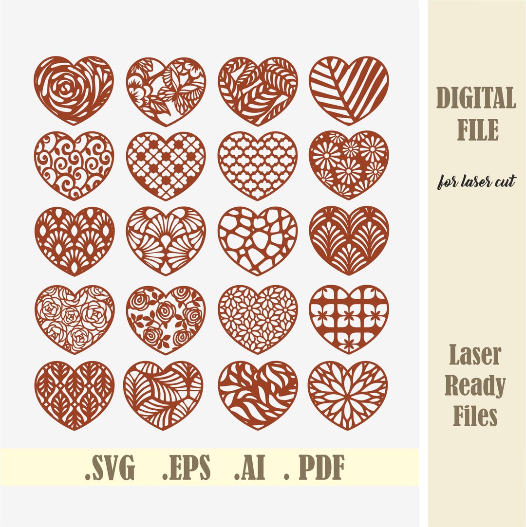 Heart SVG Set of 20 Hearts Valentines SVG, Valentine's Day Laser Cut ...