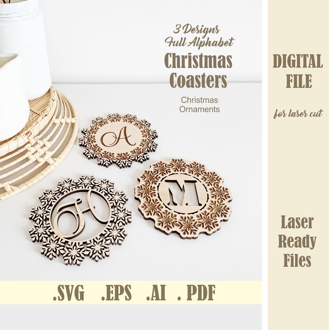 Snowflake Coasters SVG Bundle, Monogram Christmas Coaster Laser Cut ...
