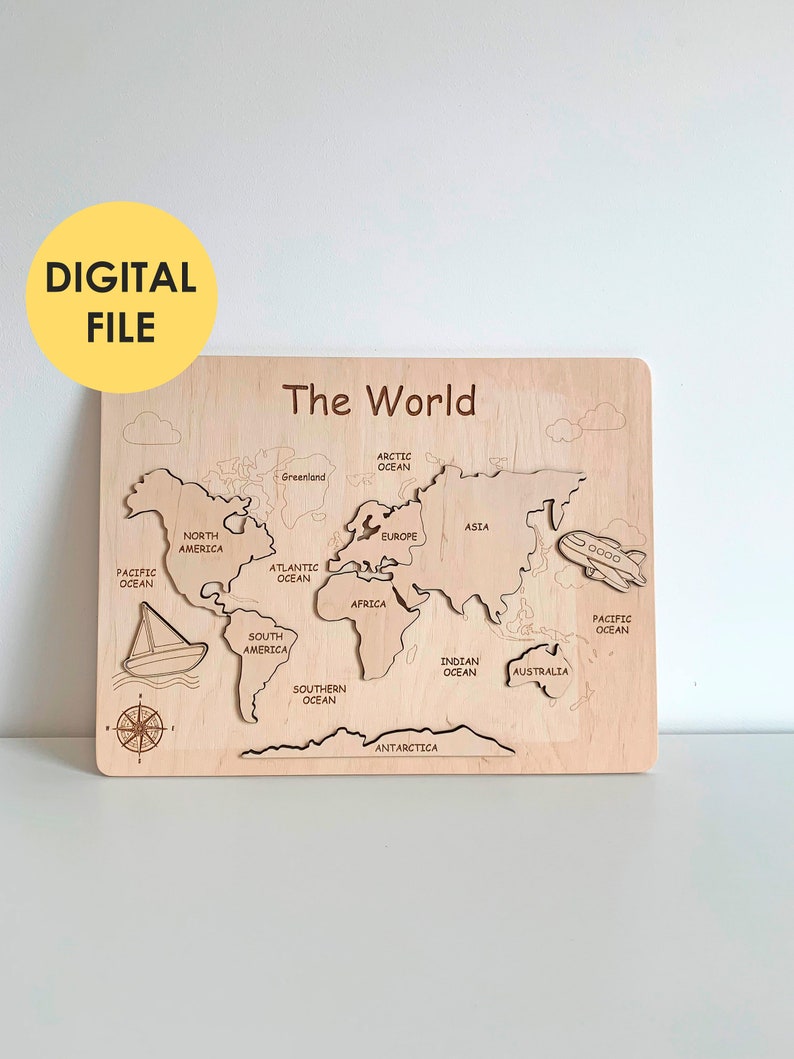 World Map Puzzle SVG, Laser Cut File for Kids Learning, Montessori ...