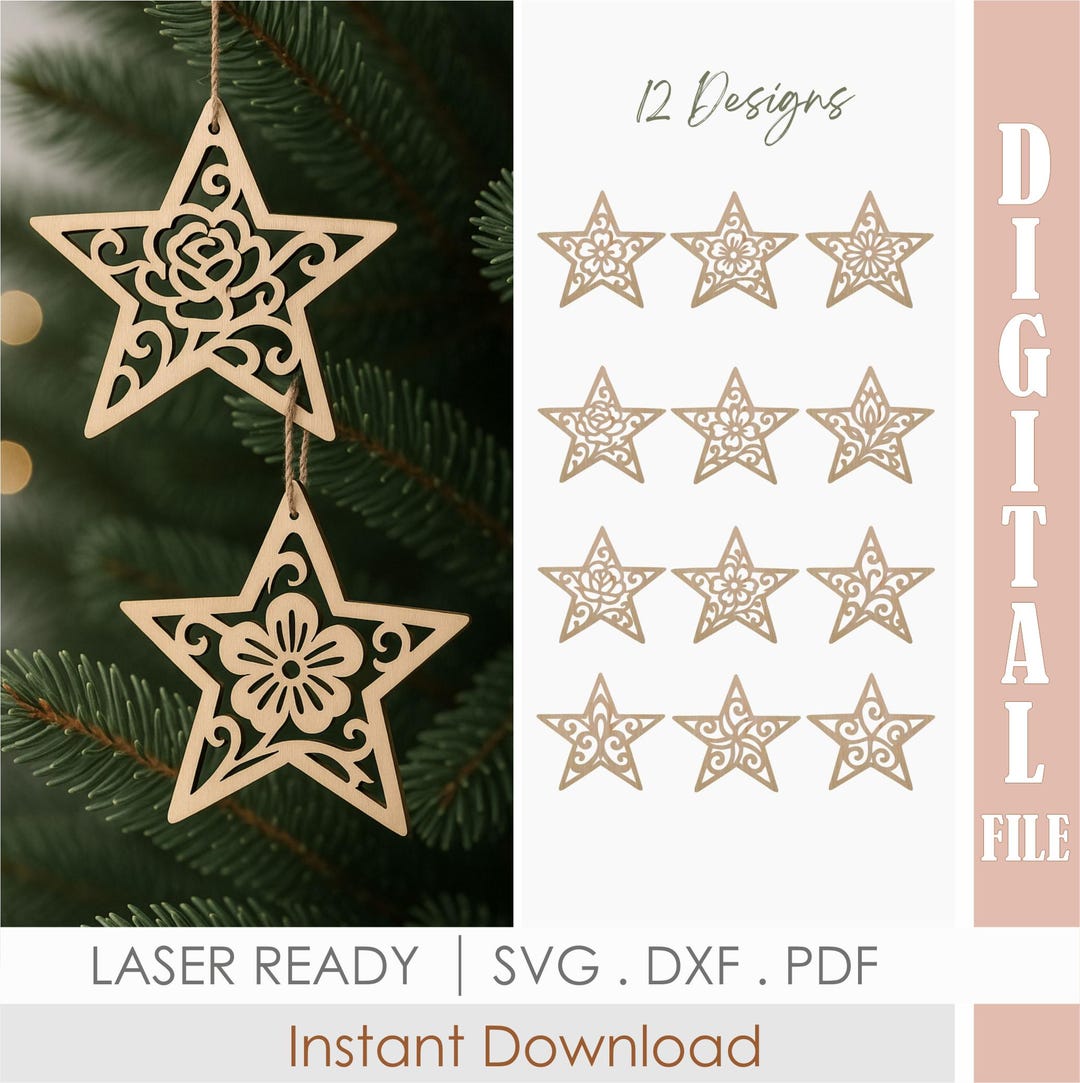 Christmas Stars SVG Bundle, 12 Lace Stars Xmas Ornament, Floral Laser ...