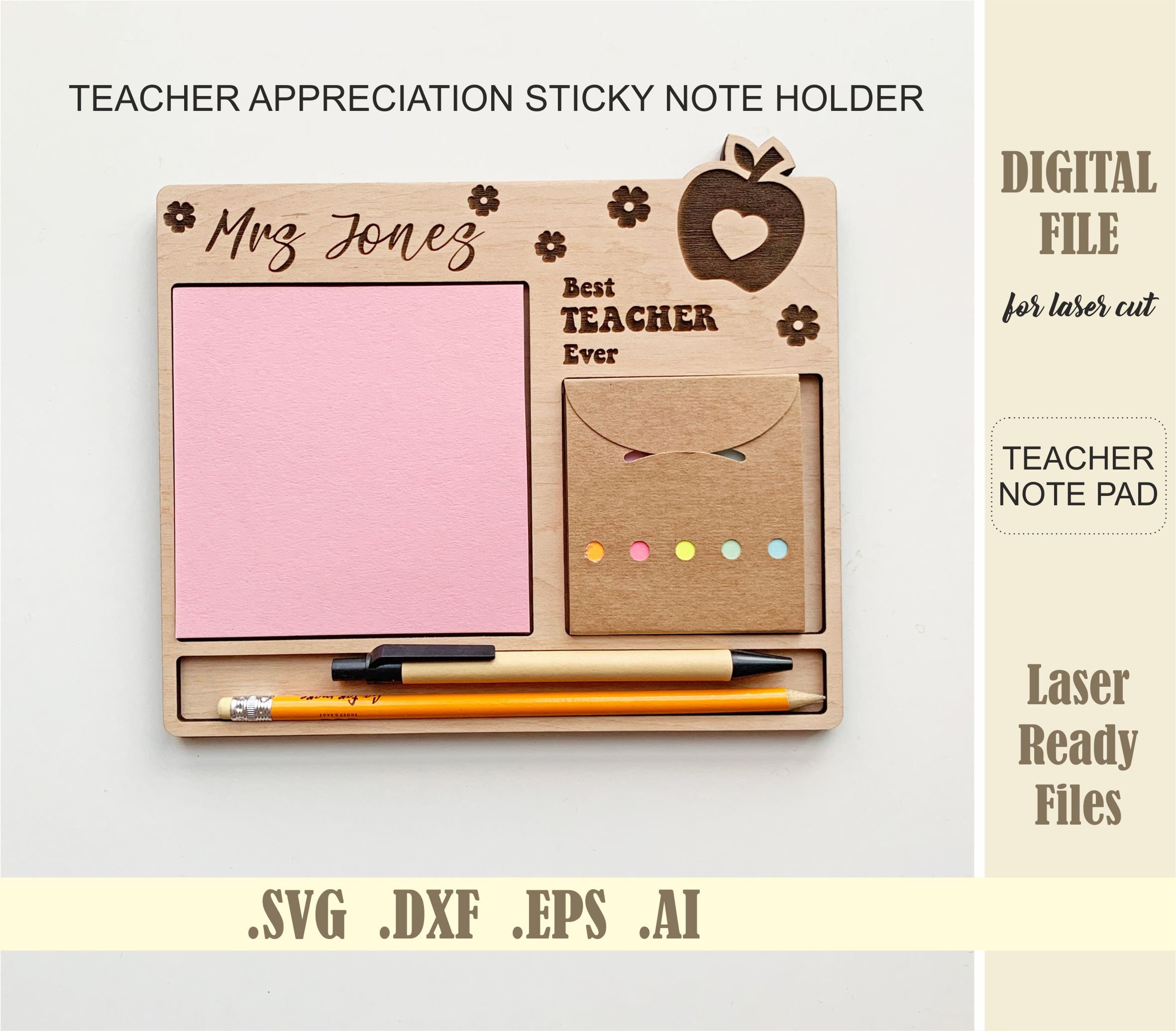 Teacher Appreciation Sticky Note Holder Laser Cut Files SVG, DXF, DWG ...