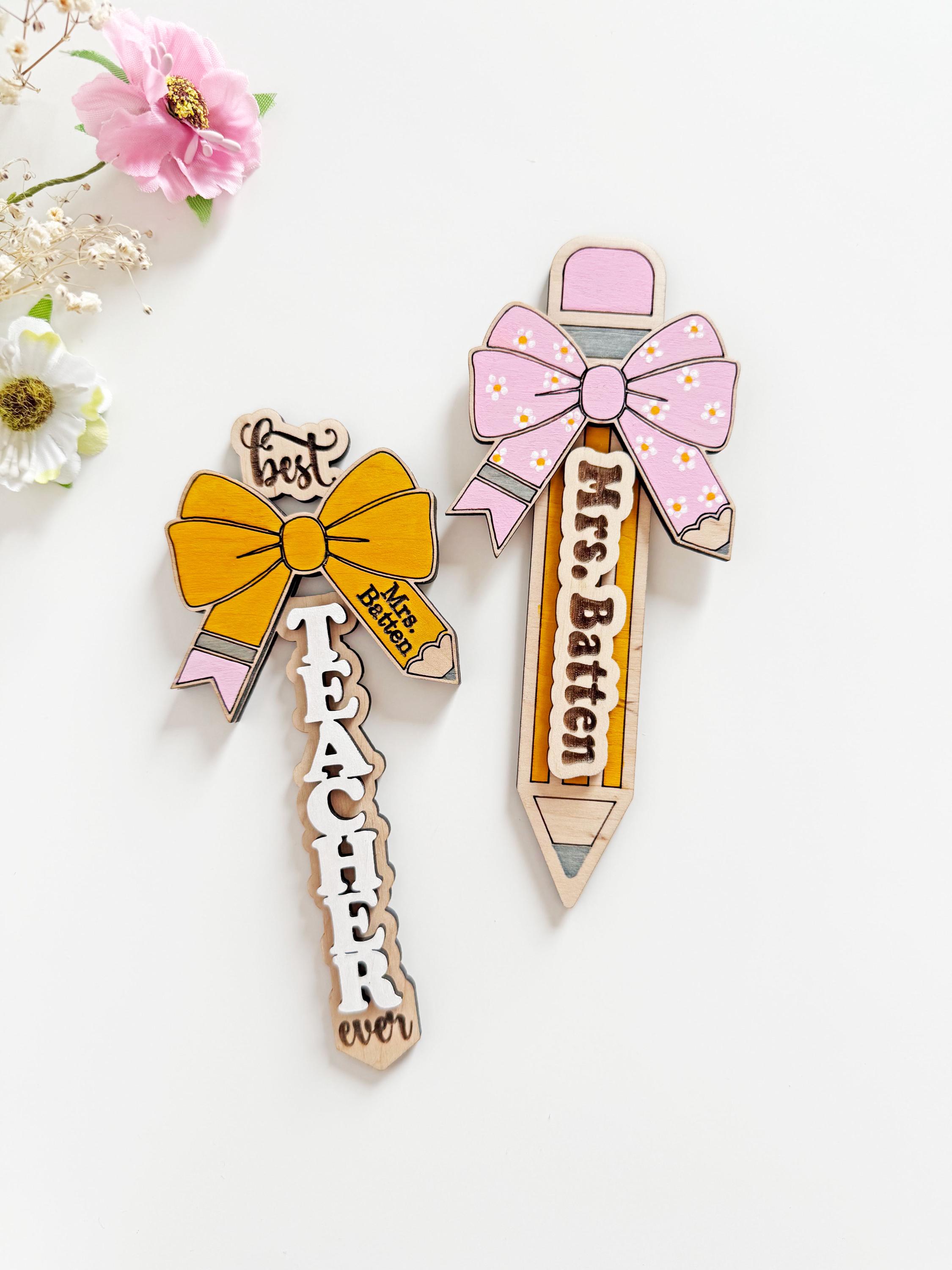 Teacher Pencil Bow SVG Laser Cut File, Personalized Name Best Teacher ...