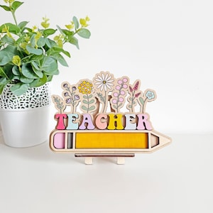 Floral Teacher Desk Sign SVG Laser Cut File, Custom Name Pencil Flower ...