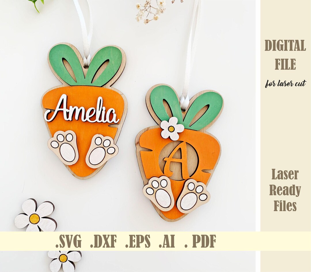 Easter Carrot Name Basket Tag SVG, Initials Bunny Ears Custom Name Tag ...