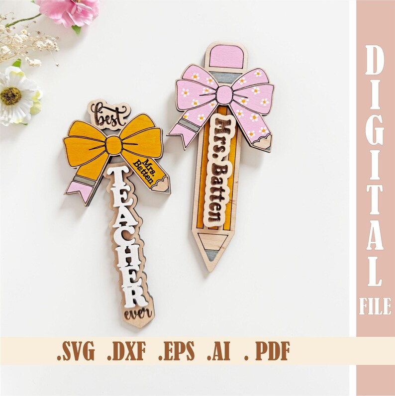 Teacher Pencil Bow SVG Laser Cut File, Personalized Name Best Teacher ...
