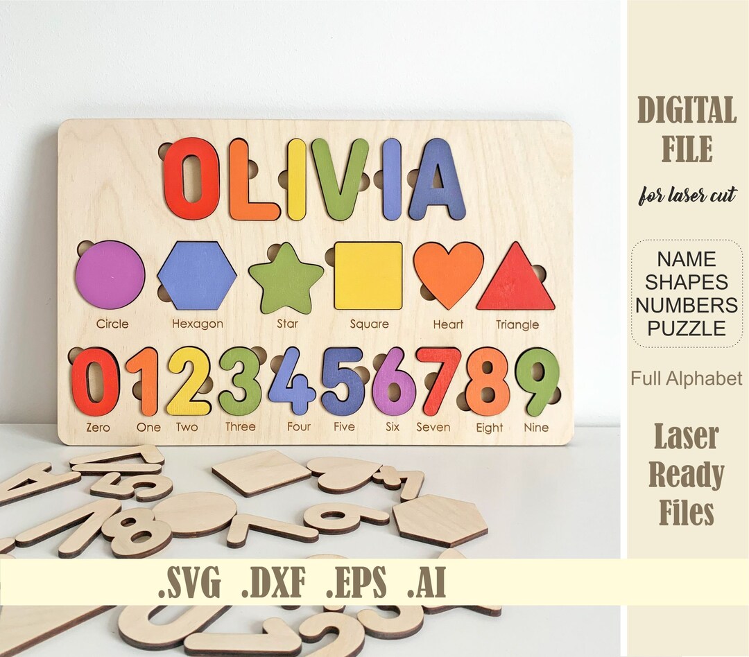 Name Numbers Shapes Puzzle Laser Cut Files SVG, DXF, DWG, Ai, Digital ...
