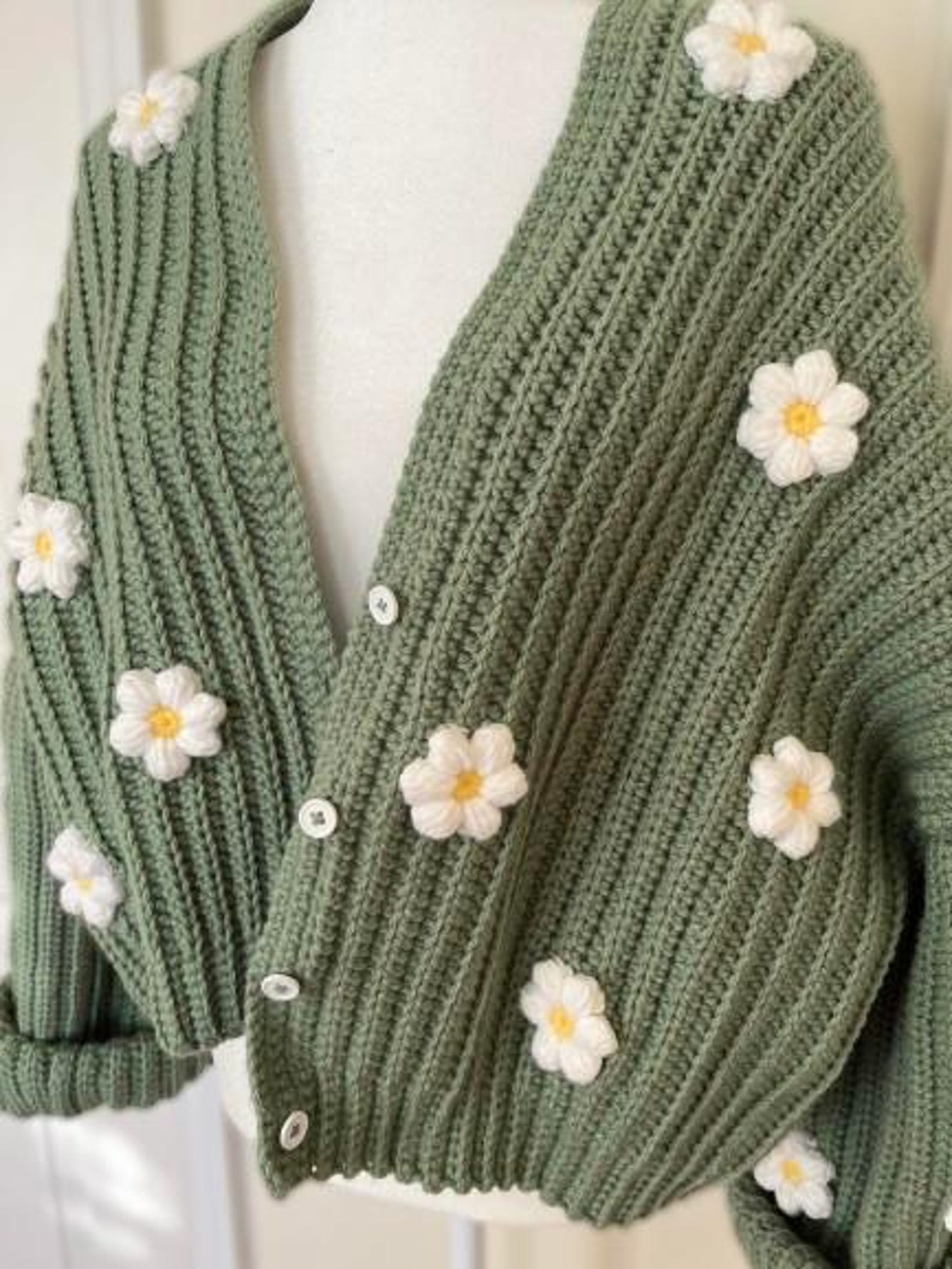 Crochet Flower Cardigan Puffy Flower Applique Knit Style Crochet ...