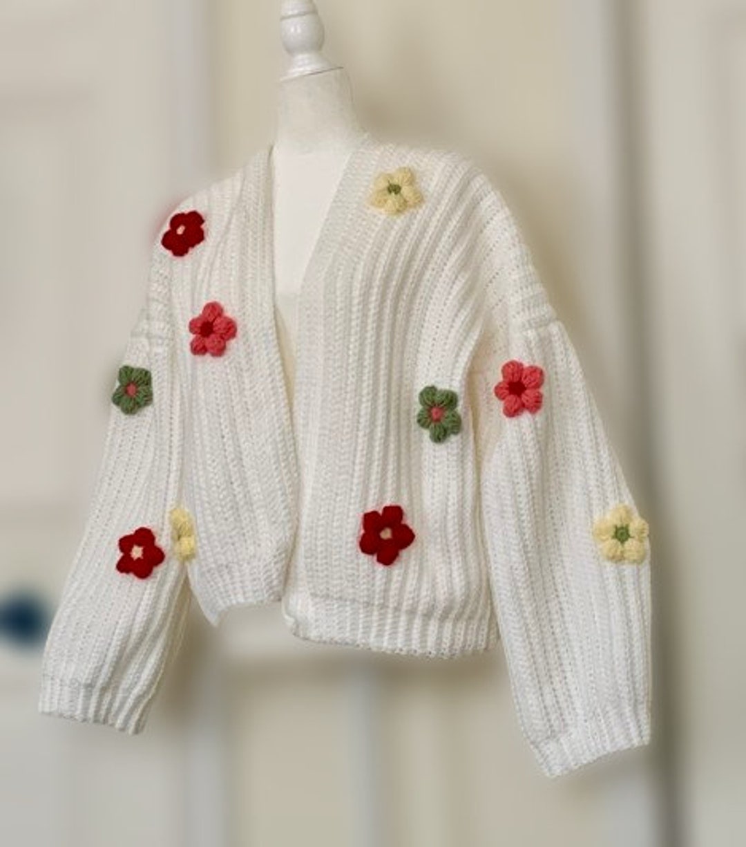 Crochet Flower Cardigan Puffy Flower Applique Knit Style Crochet ...