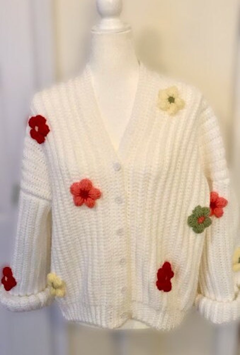 Crochet Flower Cardigan Puffy Flower Applique Knit Style Crochet ...