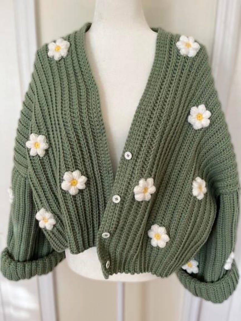 Crochet Flower Cardigan Puffy Flower Applique Knit Style Crochet ...