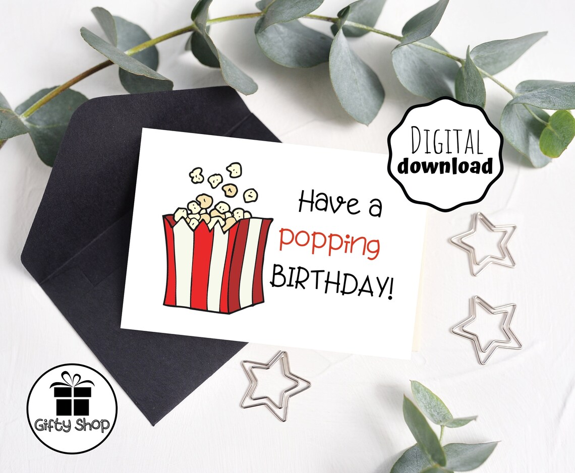 Printable Happy Birthday Popcorn Card Instant Download 7x5 Inch Cards ...