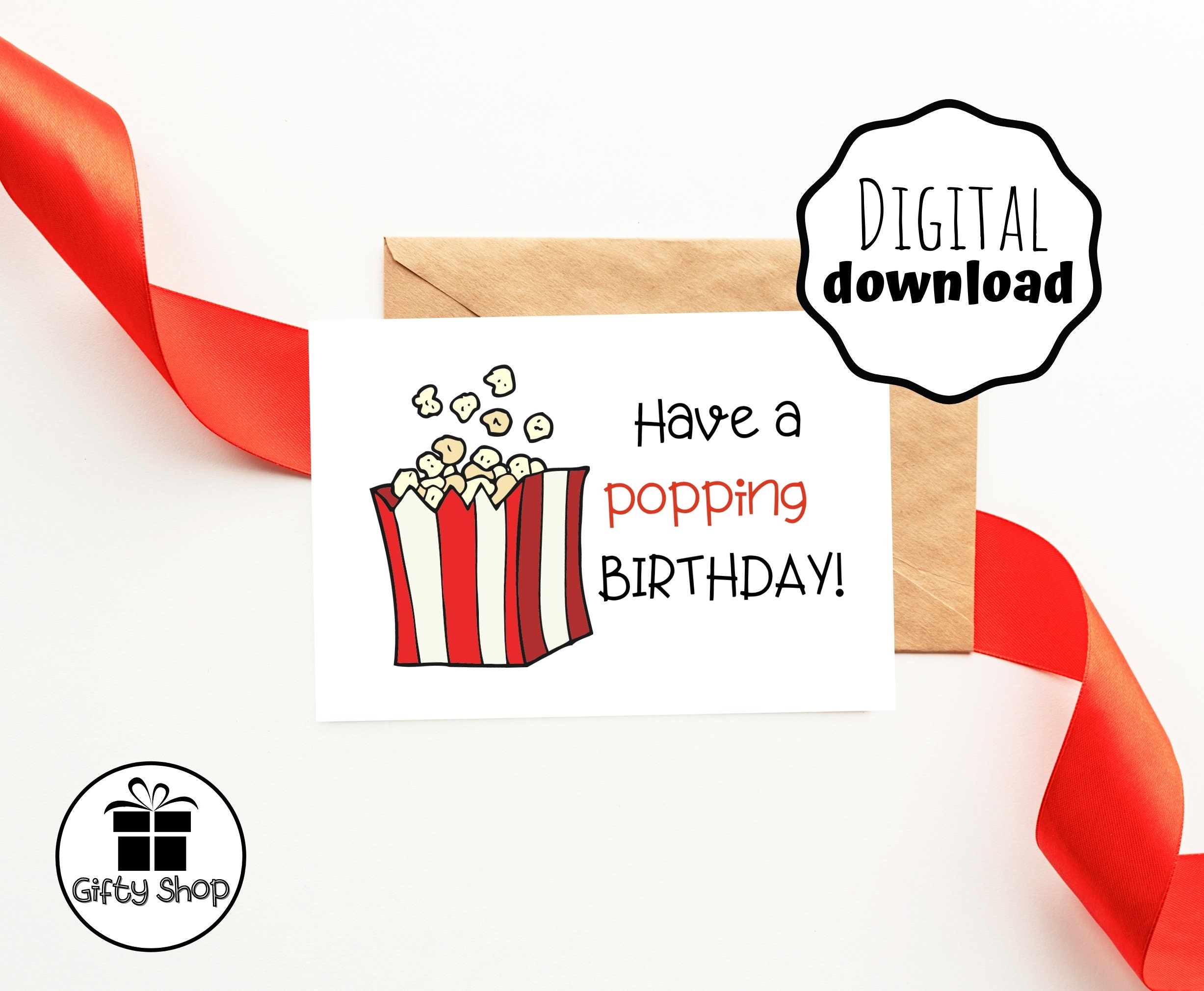 Printable Happy Birthday Popcorn Card Instant Download 7x5 Inch Cards ...