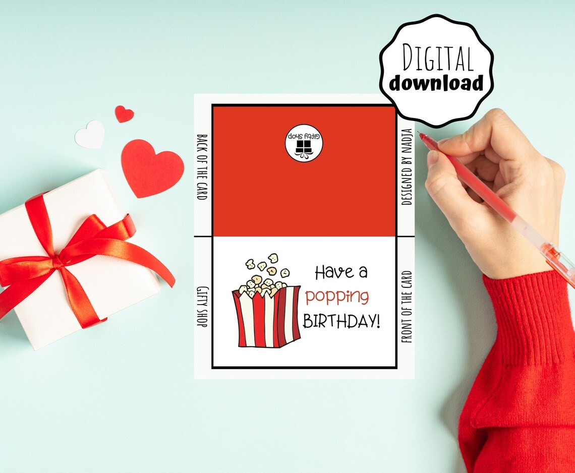 Printable Happy Birthday Popcorn Card Instant Download 7x5 Inch Cards ...