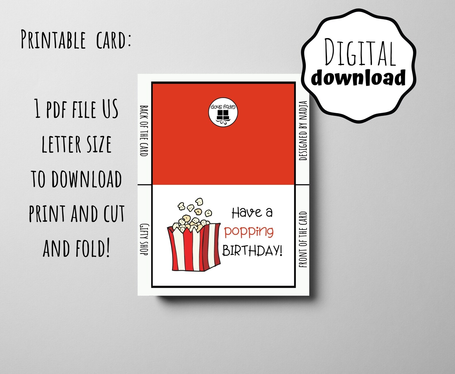 Printable Happy Birthday Popcorn Card Instant Download 7x5 Inch Cards ...