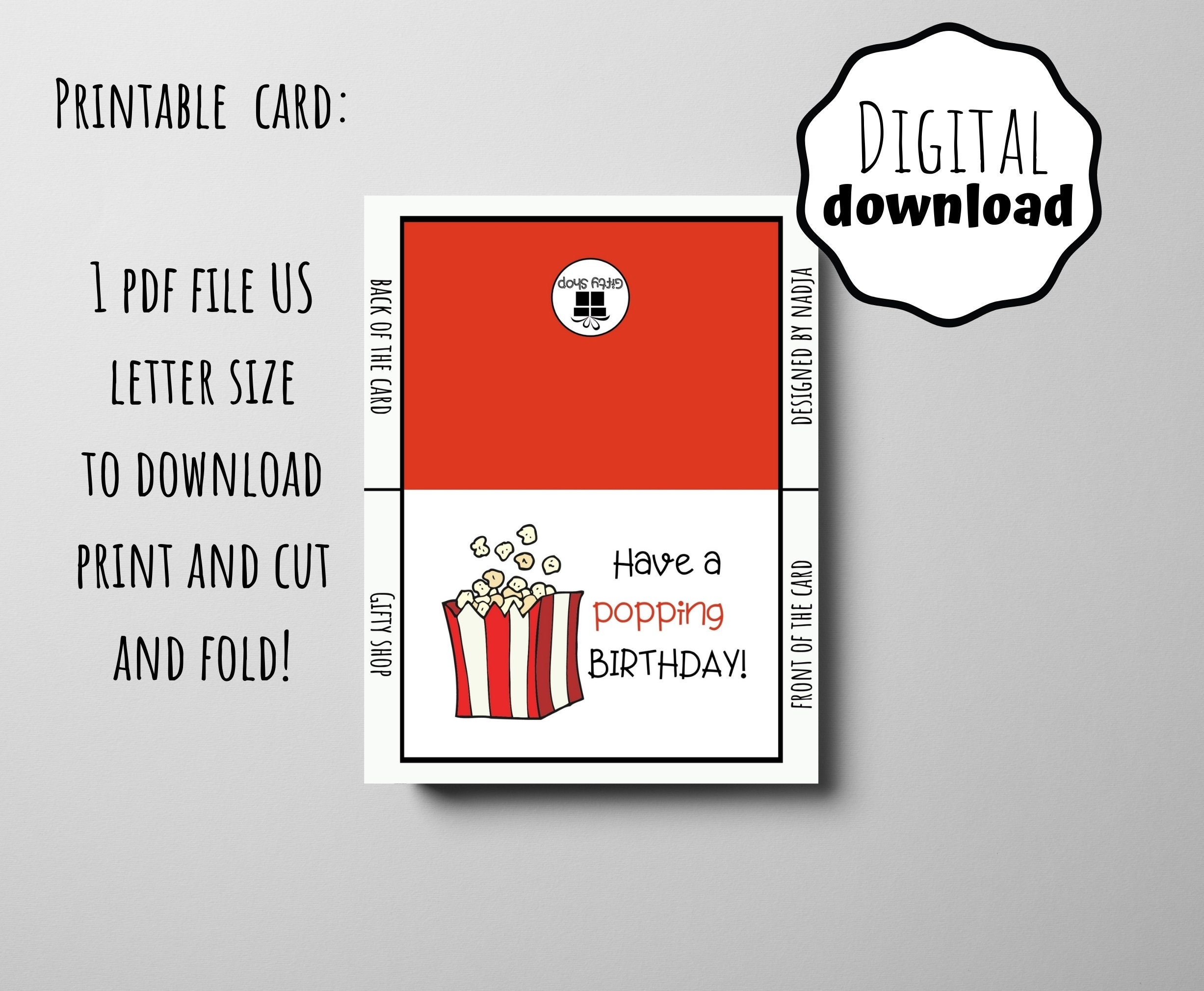 Printable Happy Birthday Popcorn Card Instant Download 7x5 Inch Cards ...