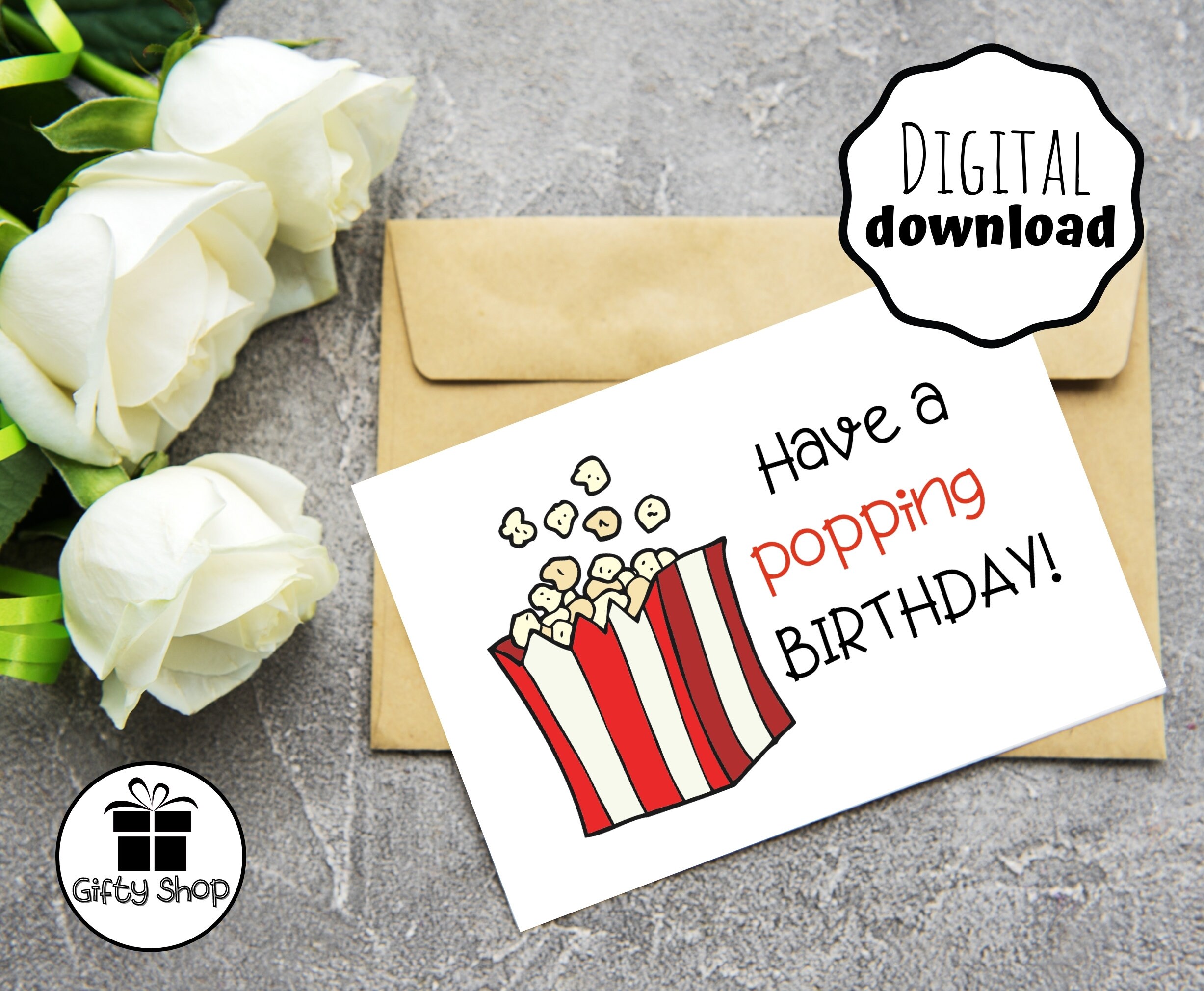 Printable Happy Birthday Popcorn Card Instant Download 7x5 Inch Cards ...