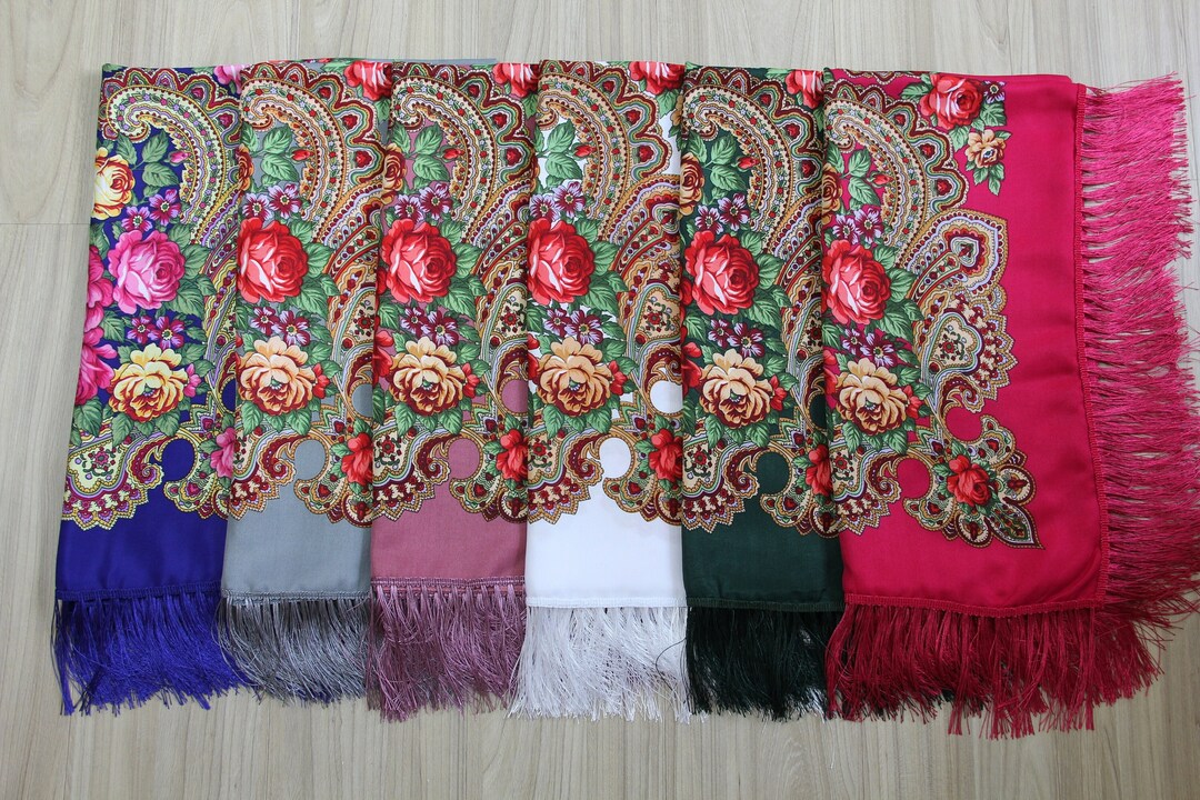 Ukrainian Shawl, Blue Slavic Babushka Floral Scarf, Ethnic Folk Shawl ...
