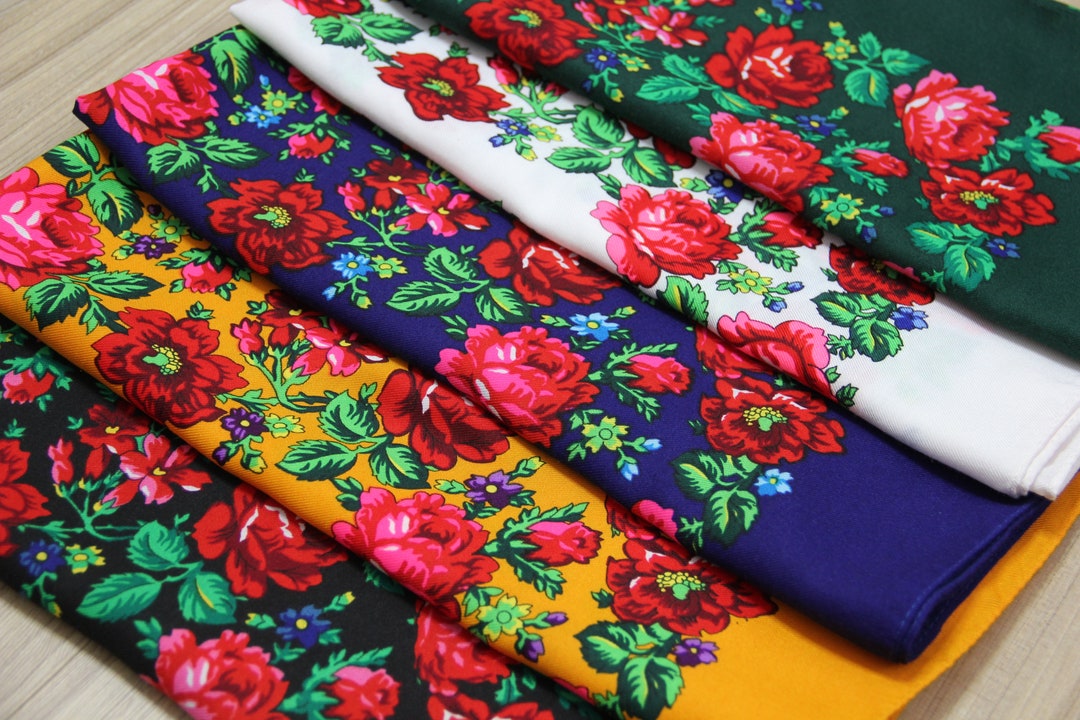 Ukrainian Shawl, Blue Slavic Babushka Floral Scarf, Ethnic Folk Shawl ...