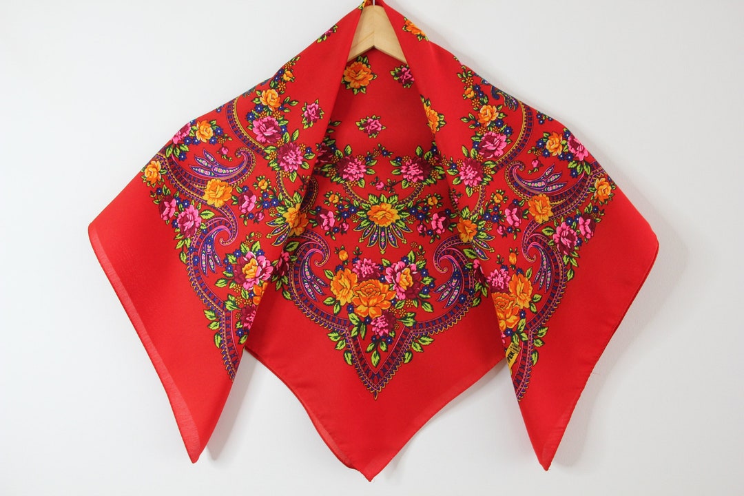Ukrainian Shawl Red Slavic Babushka Floral Scarf Ethnic Folk - Etsy